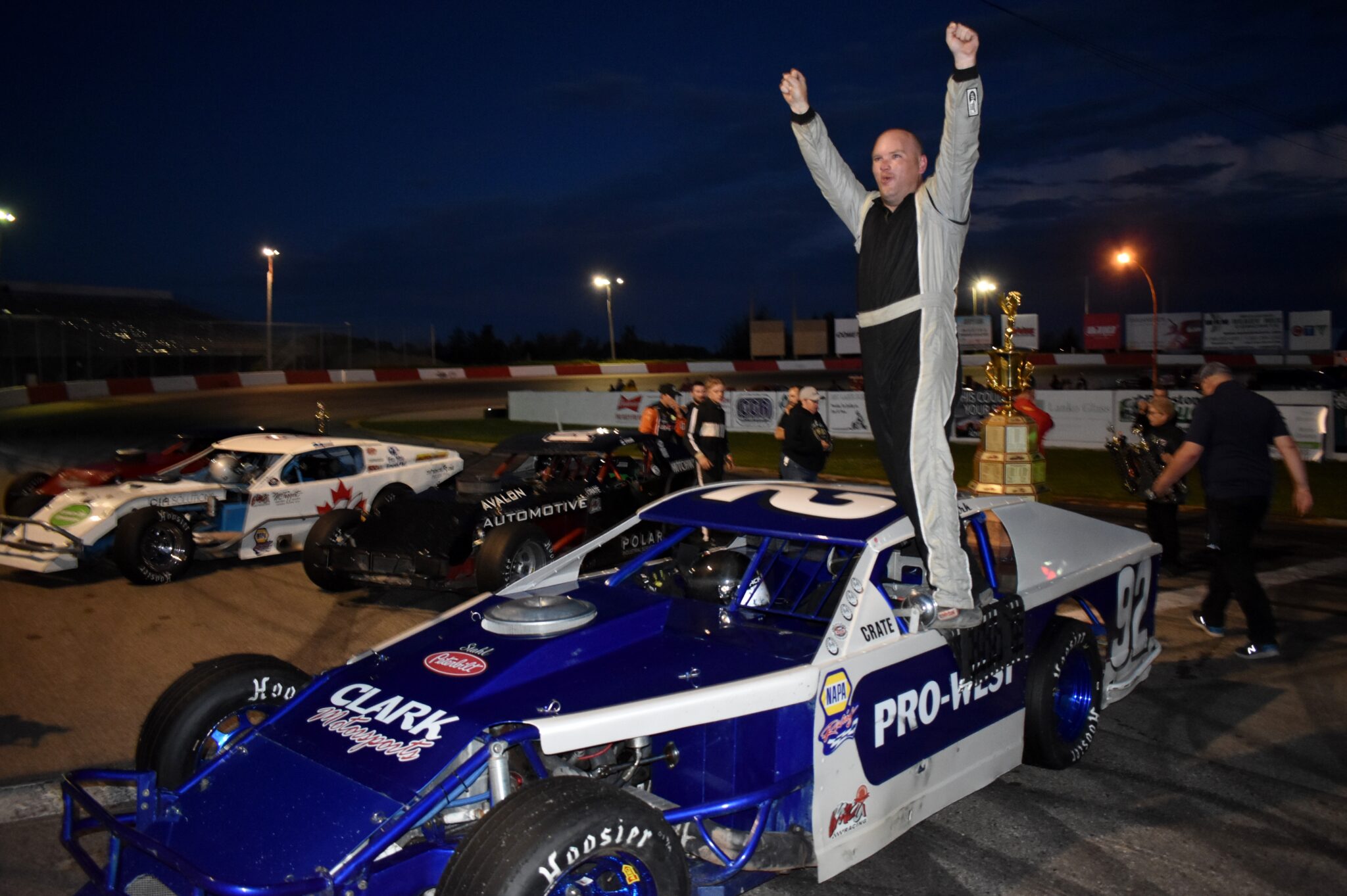 Mike Clark won the 24th Annual IMCA Roy Ross Memorial Race at EIR